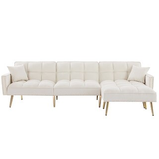 Velvet Reversible Sectional Sofa Bed with Ottoman, Adjustable Backrest ...