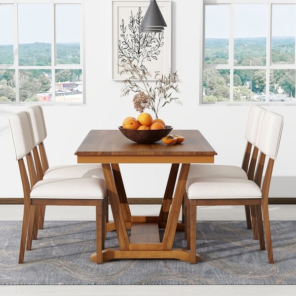Rustic 5 piece Dining Table Set with 4 Upholstered Chairs 59 inch Rectangular Dining Table with Trestle Table Base Bed Bath Beyond 40434818