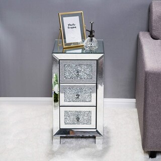 Mirrored Night Stand with 3 Drawers, Mirror Crushed Crystal Bedside ...