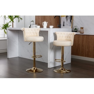 Velvet Upholstered Tufted Nailheads Swivel Adjustable Height Bar Stools ...