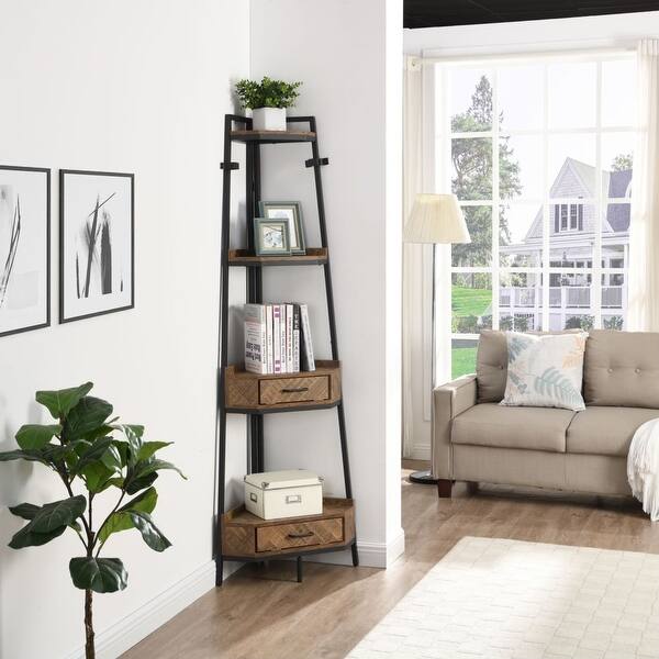 4-Layer 2-Drawer Corner Shelf Bookcase Office Classic Walnut Black ...