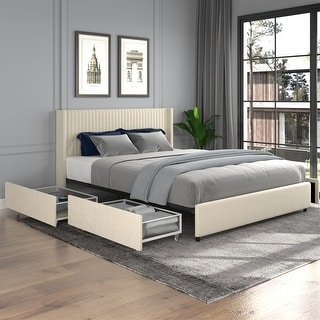 Ivory Queen Size Velvet Upholstered Wingback Platform Bed - Bed Bath ...