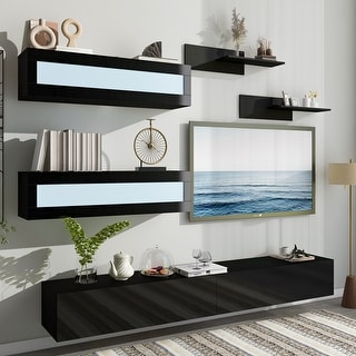 Modern Black Wall Mount Floating TV Stand with Four Cabinets - Bed Bath ...