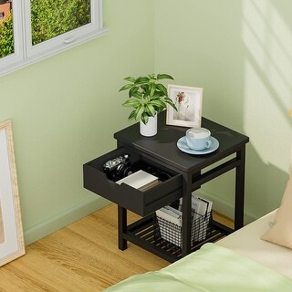 Modern Square End Table with Drawer and Open Shelf, Black - Bed Bath ...