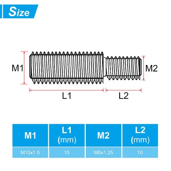 10pcs M8x1.25 to M10x1.5 Double End Threaded Stud Screw Bolt Rod 25mm Long - Silver - Bed Bath ...
