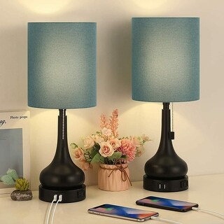 Set of 2 Living Room Table Lamps with Dual USB Ports Blue - 8.3" x 17.9 ...