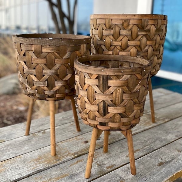 Brown Woven Slat Wood Baskets On Tripod Legs Plant Stand (Set Of 3 ...