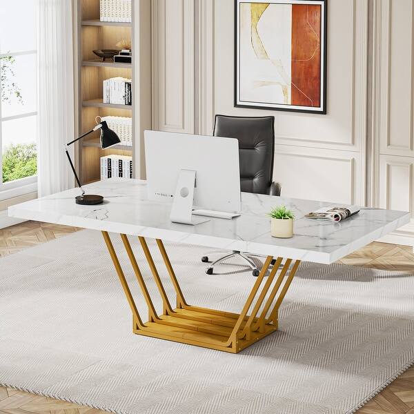 63-Inch Modern White and Gold Computer Desk Executive Desk - Bed Bath ...