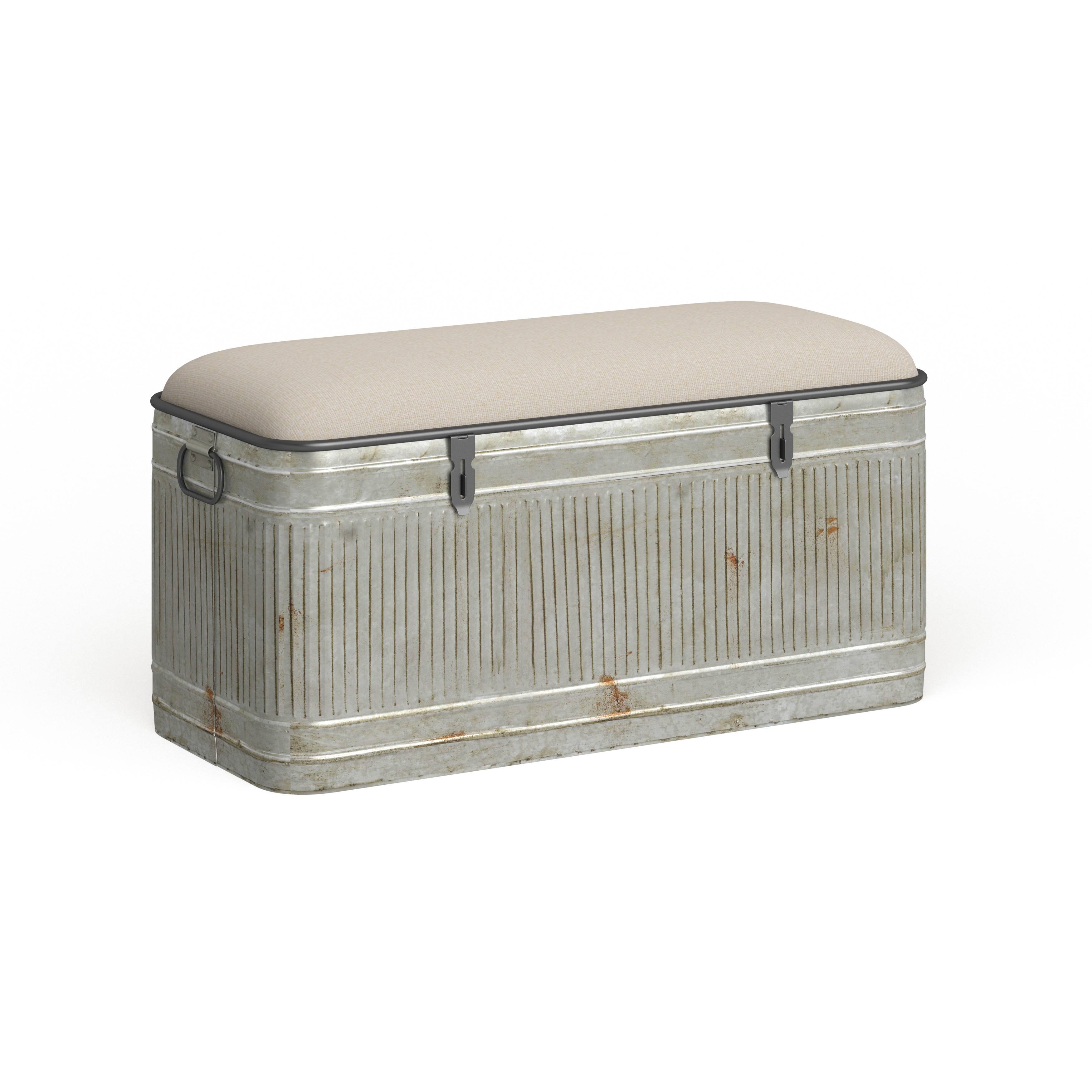 Gray Metal Galvanized Storage Bench with Cream Upholstered Burlap Top ...